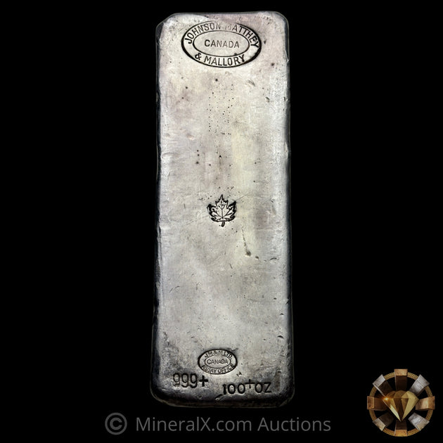 100oz JM Johnson Matthey & Mallory Canada Maple Leaf Vintage Silver Ba ...