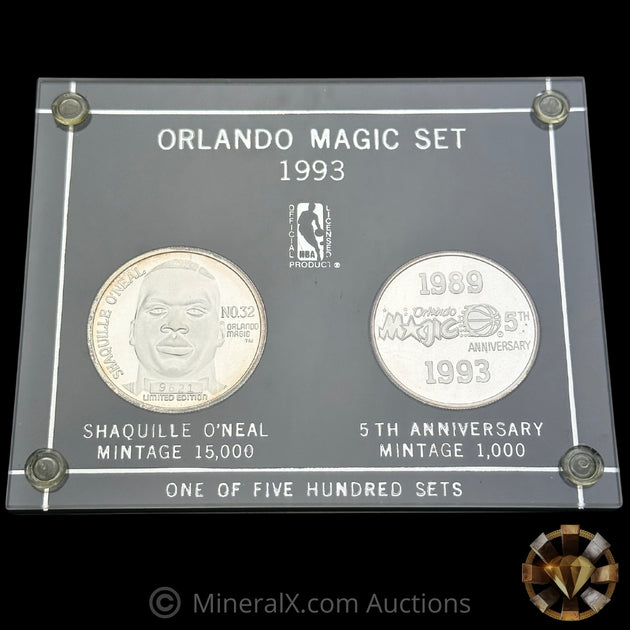 x2 1oz 1993 Shaquille O'Neal Orlando Magic Vintage Silver Coin Set In ...