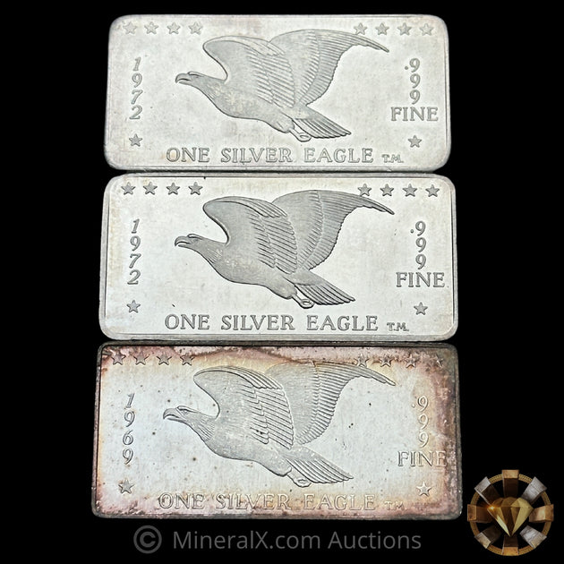 x3 1oz (x2 1972, x1 1969) W H Foster Silver Eagle Vintage Silver Bar L ...