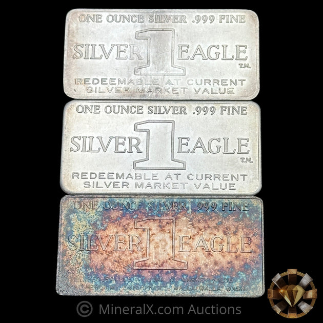 x3 1oz (x2 1972, x1 1969) W H Foster Silver Eagle Vintage Silver Bar L ...