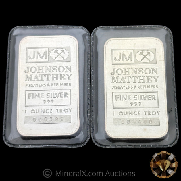 x2 1oz Johnson Matthey JM Financial World Sequential Vintage Silver Ba ...