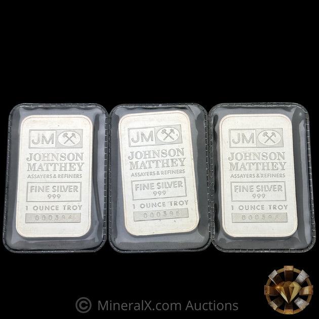 x3 1oz Johnson Matthey JM Financial World Sequential Vintage Silver Ba ...