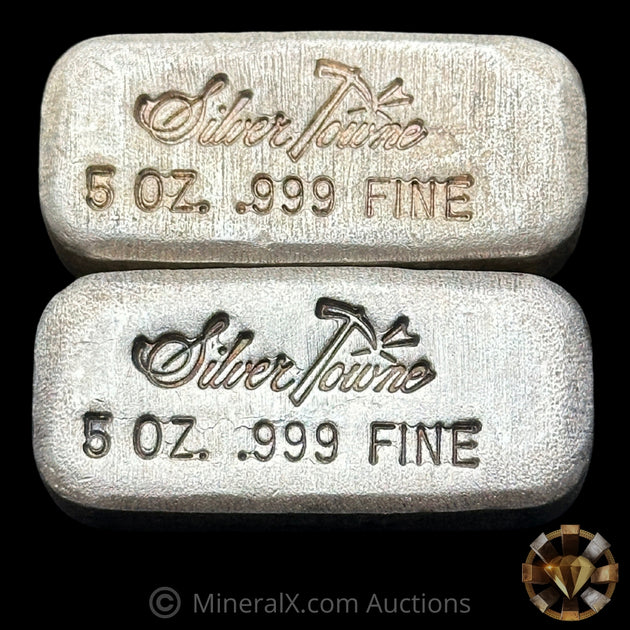 x2 5oz Silvertowne Vintage Silver Bar Lot With Sequential Low Serials ...