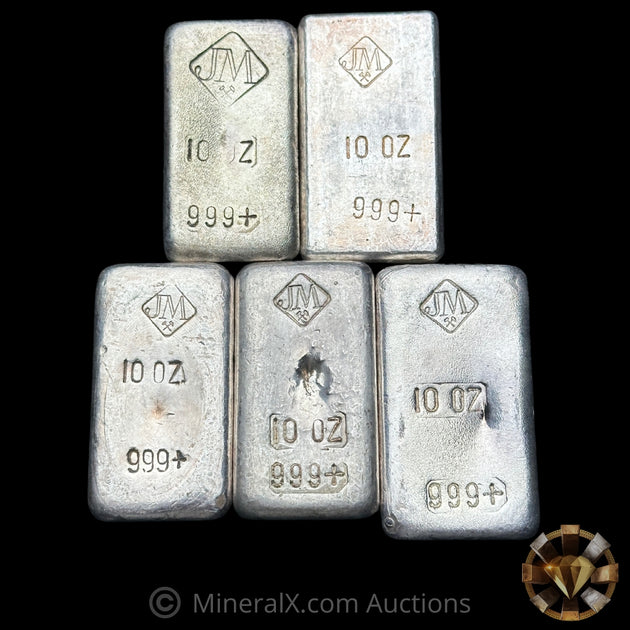 x5 10oz JM Johnson Matthey Vintage Silver Bar Collection Of All Differ ...