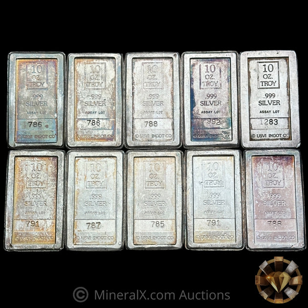 x10 10oz AMARK USVI Ingot Co Vintage Silver Stacker Bars – MineralX