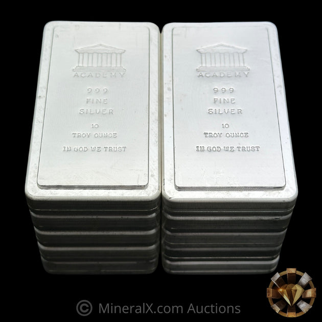 x10 10oz (100oz) Academy "In God We Trust" Vintage Silver Stacker Bars ...