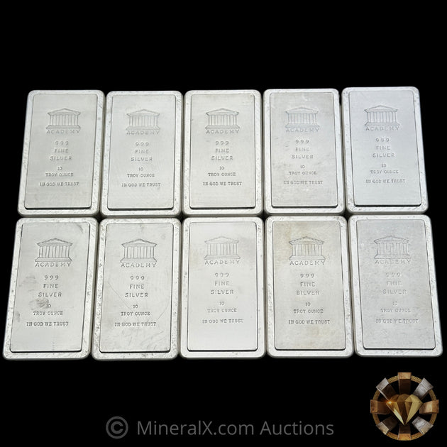 x10 10oz (100oz) Academy "In God We Trust" Vintage Silver Stacker Bars ...