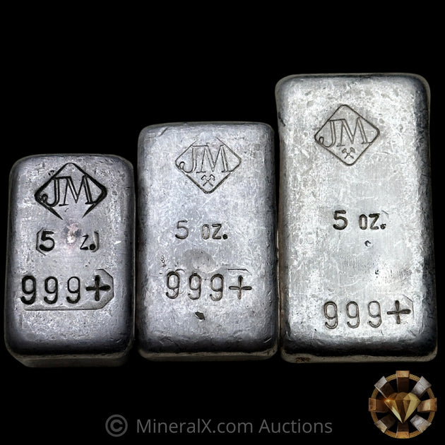 x3 5oz JM Johnson Matthey Vintage Silver Bars (3 Different Varieties ...