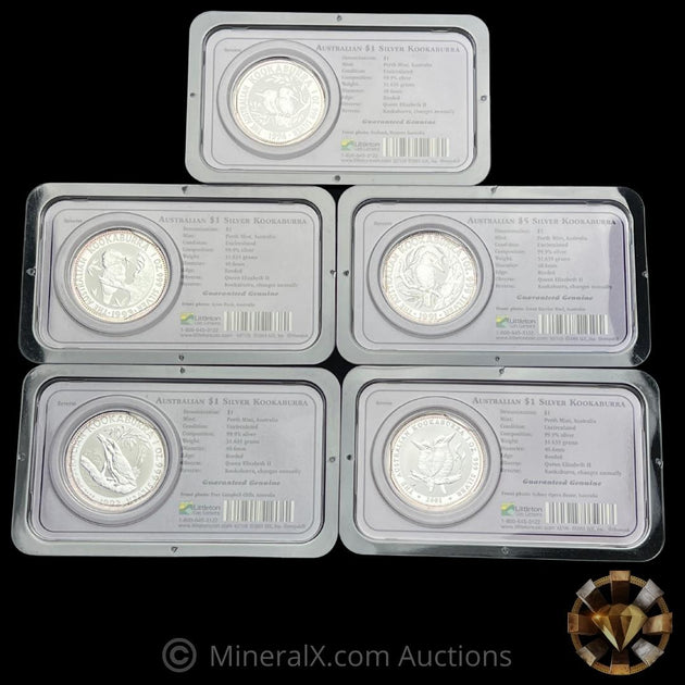 x5 Australian Kookaburra 1oz Coins Mint In Little Coin Company Packagi ...